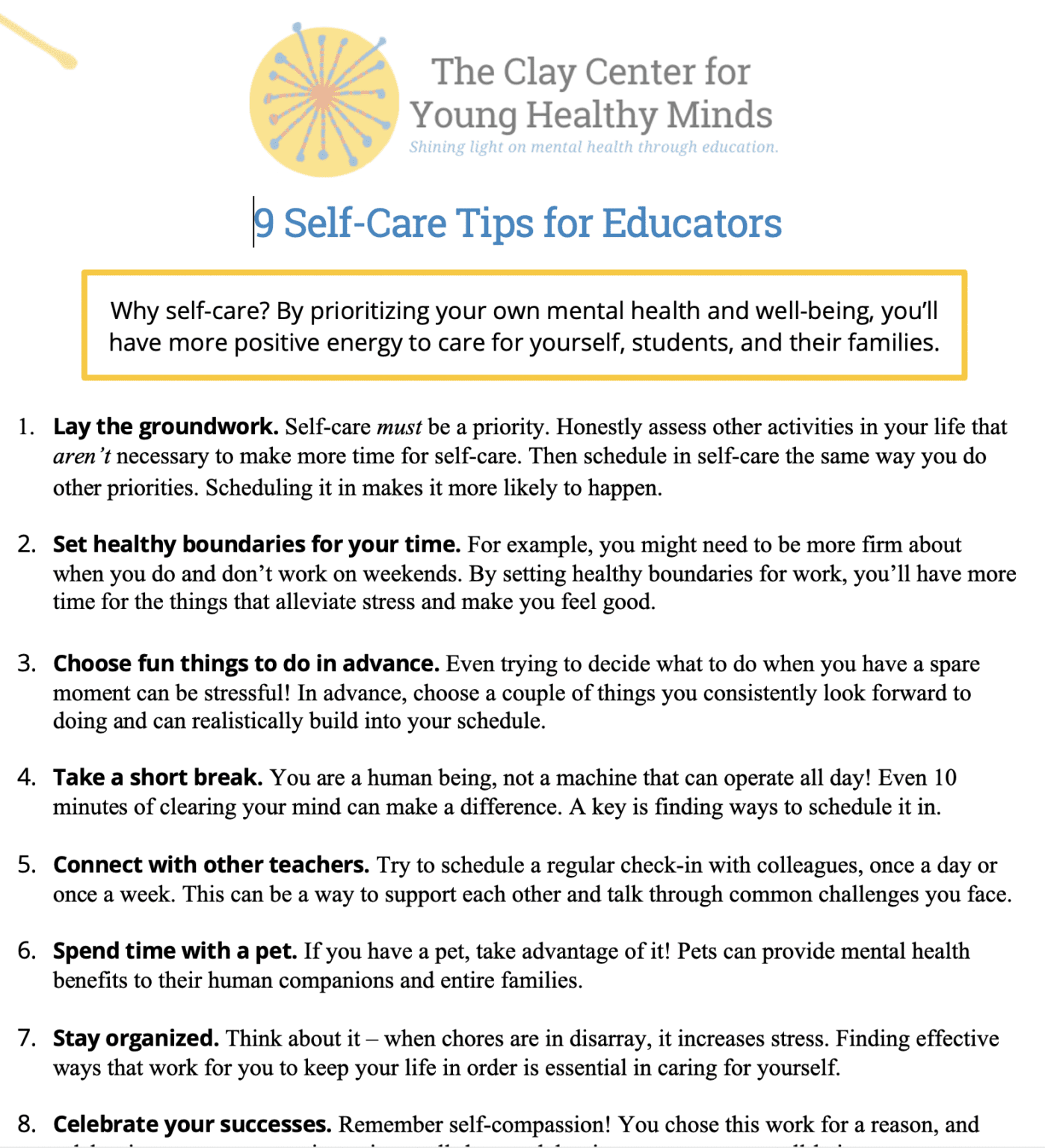 9 Self-Care Tips for Teachers - Clay Center for Young Healthy Minds